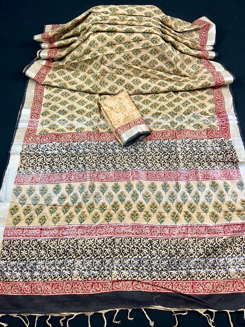 Statement Beige Color Authentic Bangru Hand Block Floral Print Linen ...