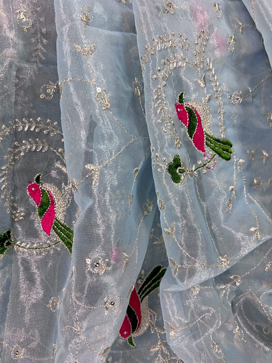 Pastel Ice Blue Color Tissue Net Dupatta With Sliver Zari | Parrot ...