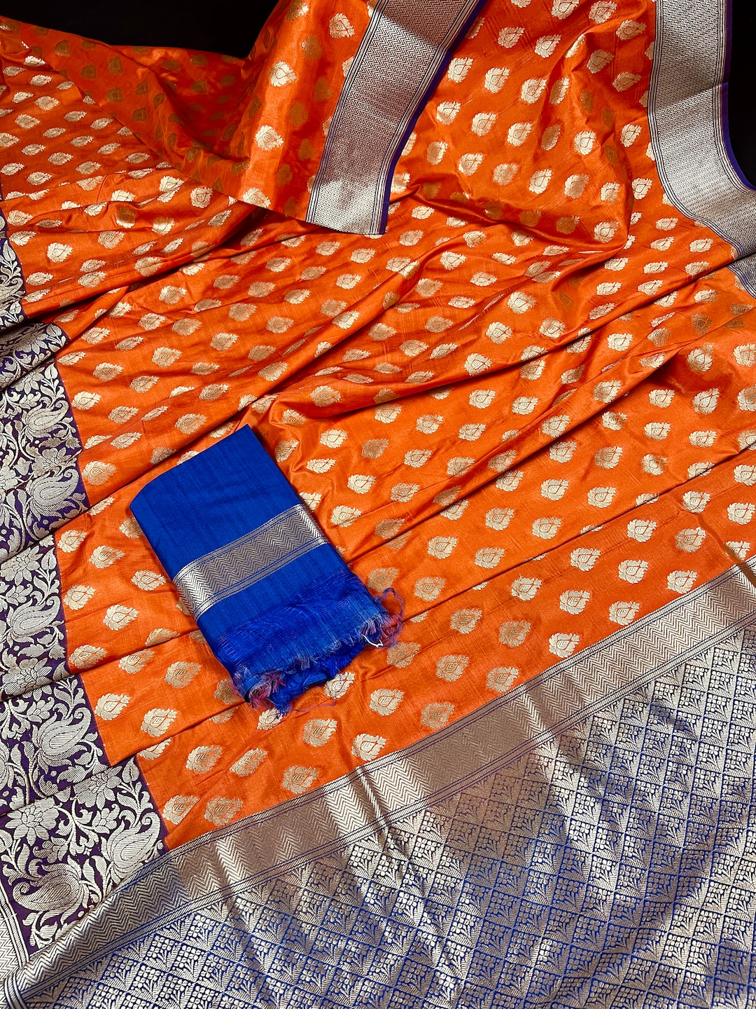 Orange Traditional Banarasi Handloom Saree Silk With Purple Wide ...