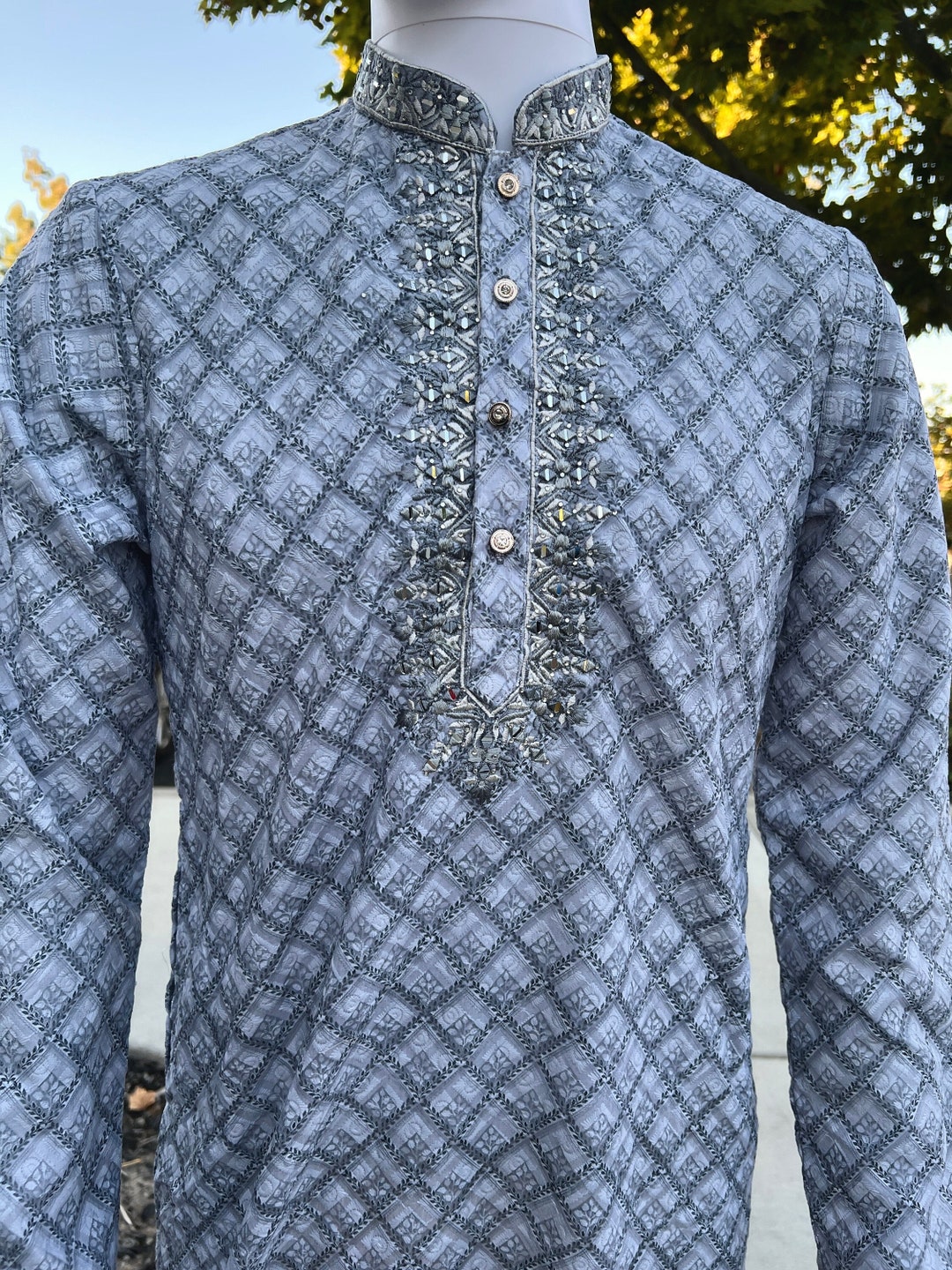 Chikankari Embroidery Light Grey Kurta for Men | Mirror Work & Hand ...