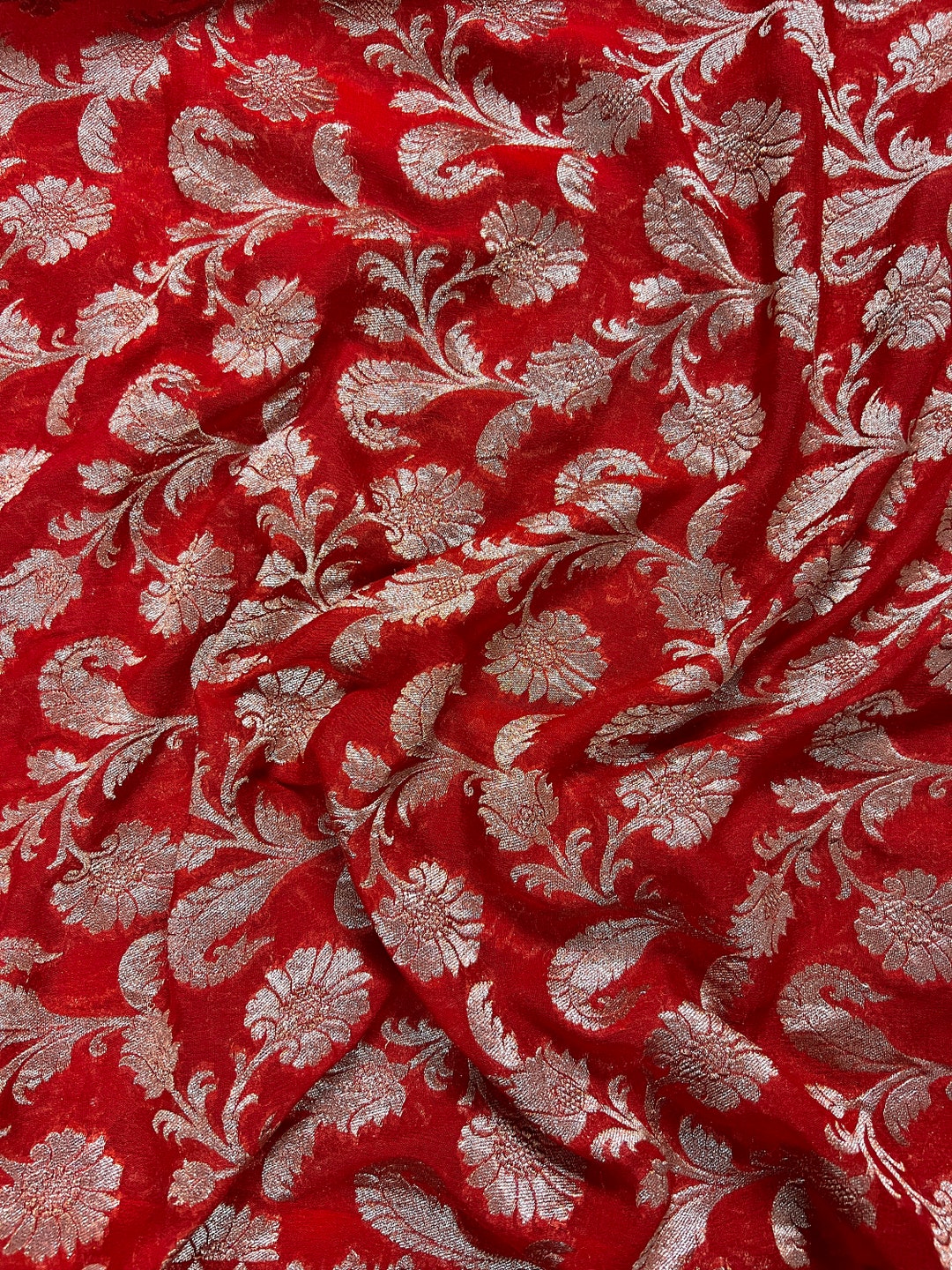 Red Color Pure Khaddi Georgette Banarasi Silk Saree With Antique Copper ...