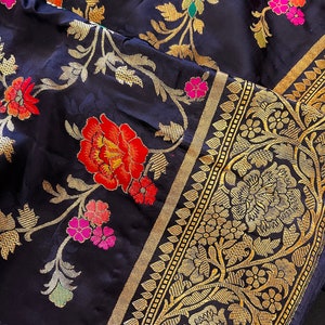 Statement Midnight Blue Color Pure Satin Silk Saree With Handwoven ...
