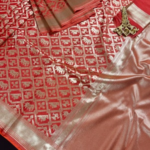 Gorgeous Peach Color Traditional Banarasi Silk Handloom Saree With ...