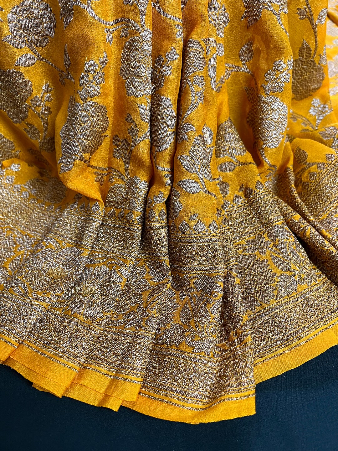 Mango Yellow Color Pure Khaddi Georgette Banarasi Silk Saree With ...