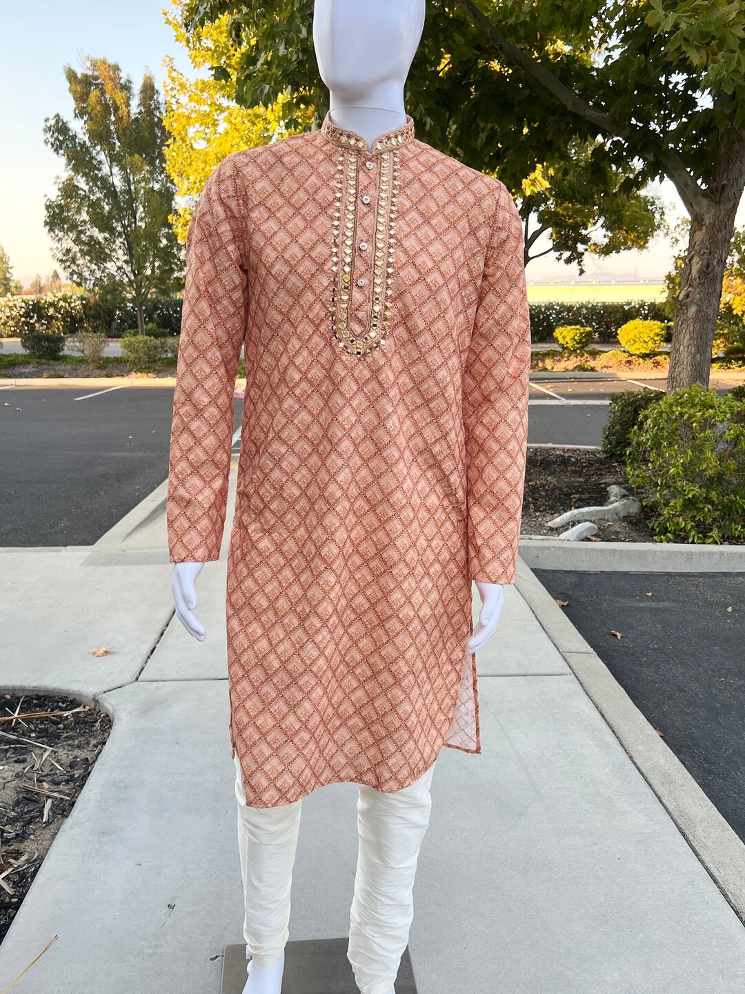 Chikankari Embroidery Light Peach Kurta for Men | Mirror Work & Block ...