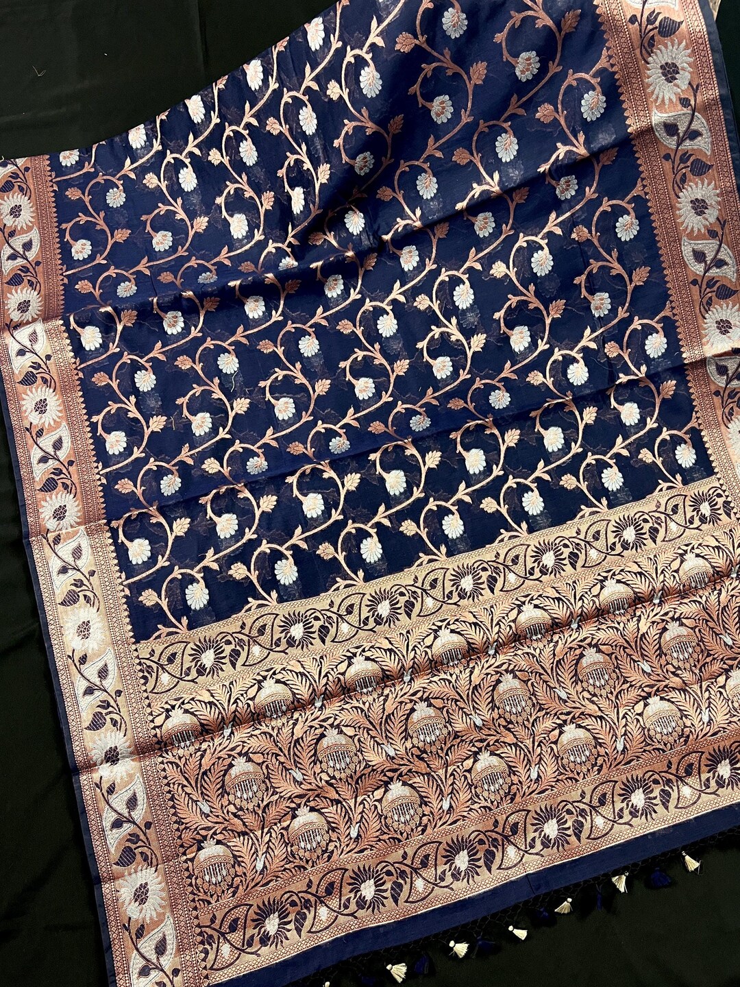 Navy Blue Semi Banarasi Silk Saree With Copper Zari | Floral Pattern ...