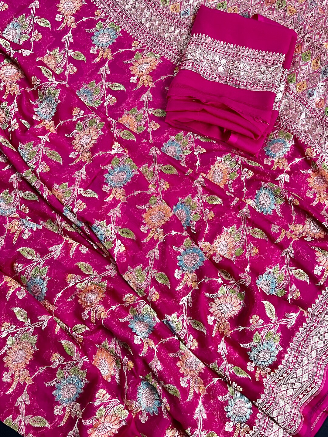 Magenta Pink Pure Khaddi Georgette Silk Saree With Water Zari and Hand ...