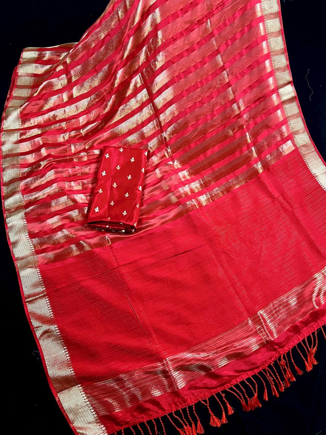 Statement Handmade Red Color Striped Banarasi Satin Tissue Silk Saree ...