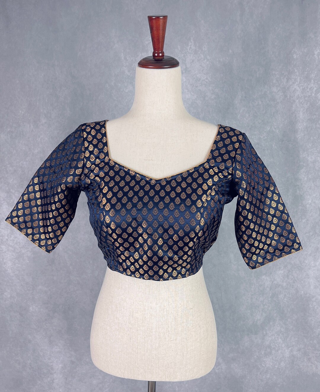 Midnight Blue Color Readymade Blouse With Gold Buttis in Pure Banarasi ...