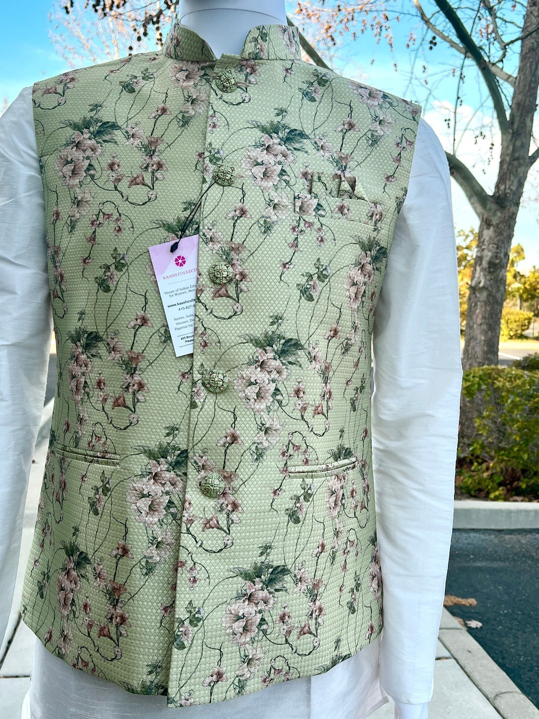 Designer Pista Green Gold Modi Nehru Jacket for Men in Jute Silk ...