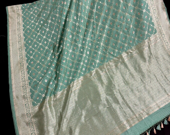 Pastel Mint Green Color Banarasi Handloom Cotton Silk Saree | Meenakari ...