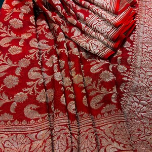 Red Color Pure Khaddi Georgette Banarasi Silk Saree With Antique Copper ...