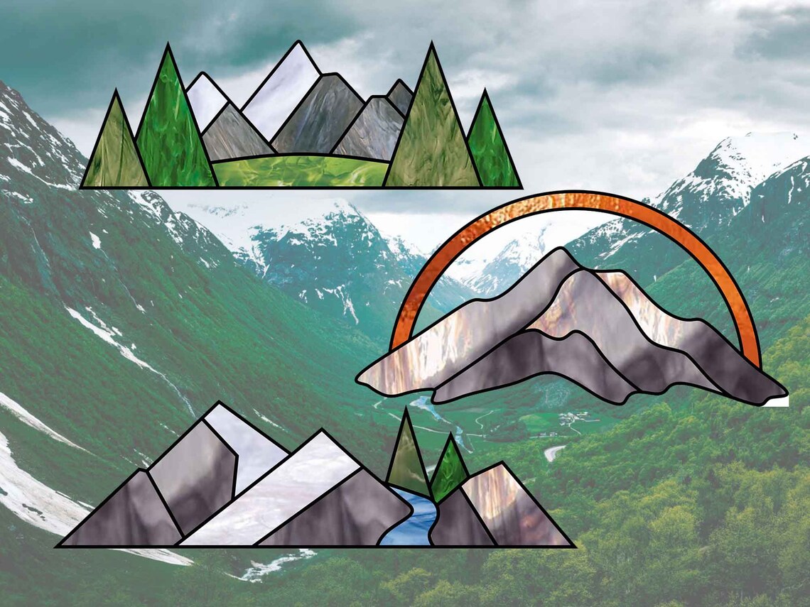 Mountain Stained Glass Stained Glass Patterns SET Of 3 | Etsy