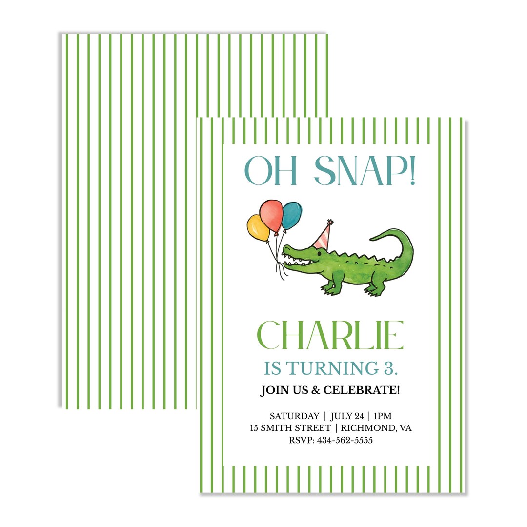 Alligator Birthday Invitation: Watercolor Balloons, Stripes (editable ...