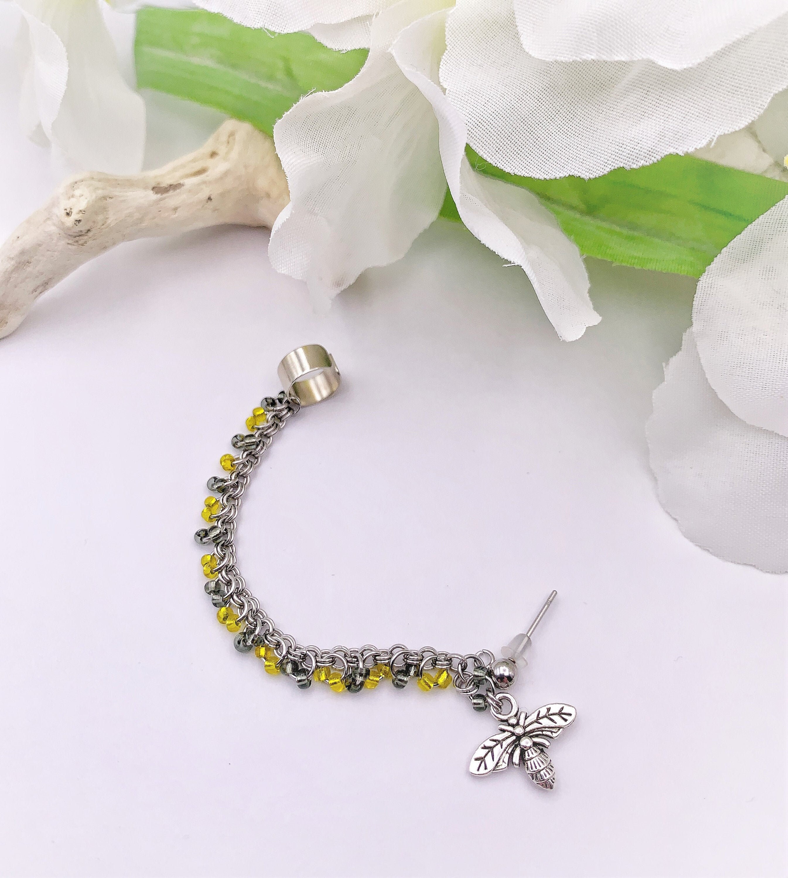 Silver Bee Ear Cuff and Chain With Black and Yellow Beads - Etsy