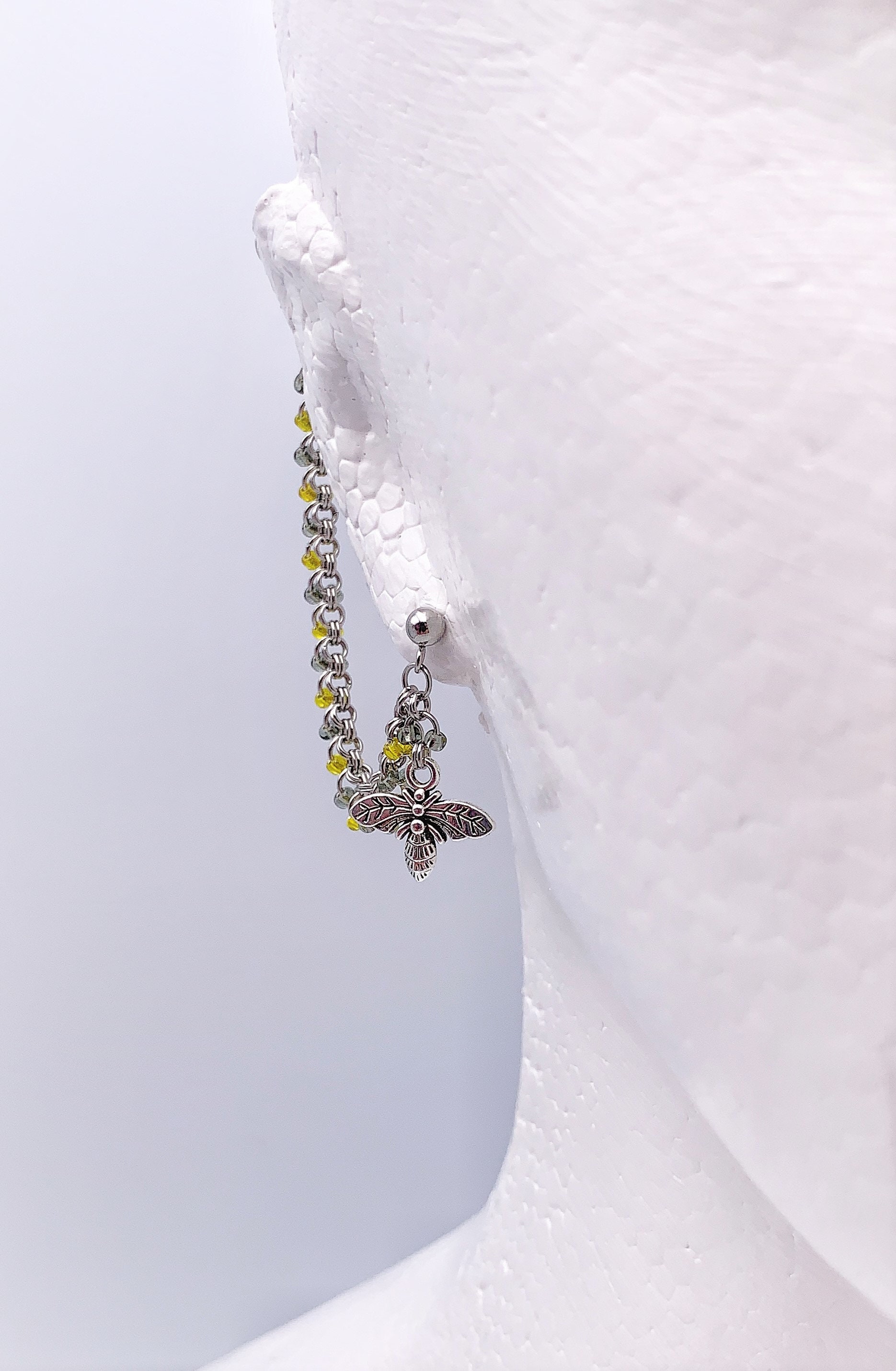 Silver Bee Ear Cuff and Chain With Black and Yellow Beads - Etsy
