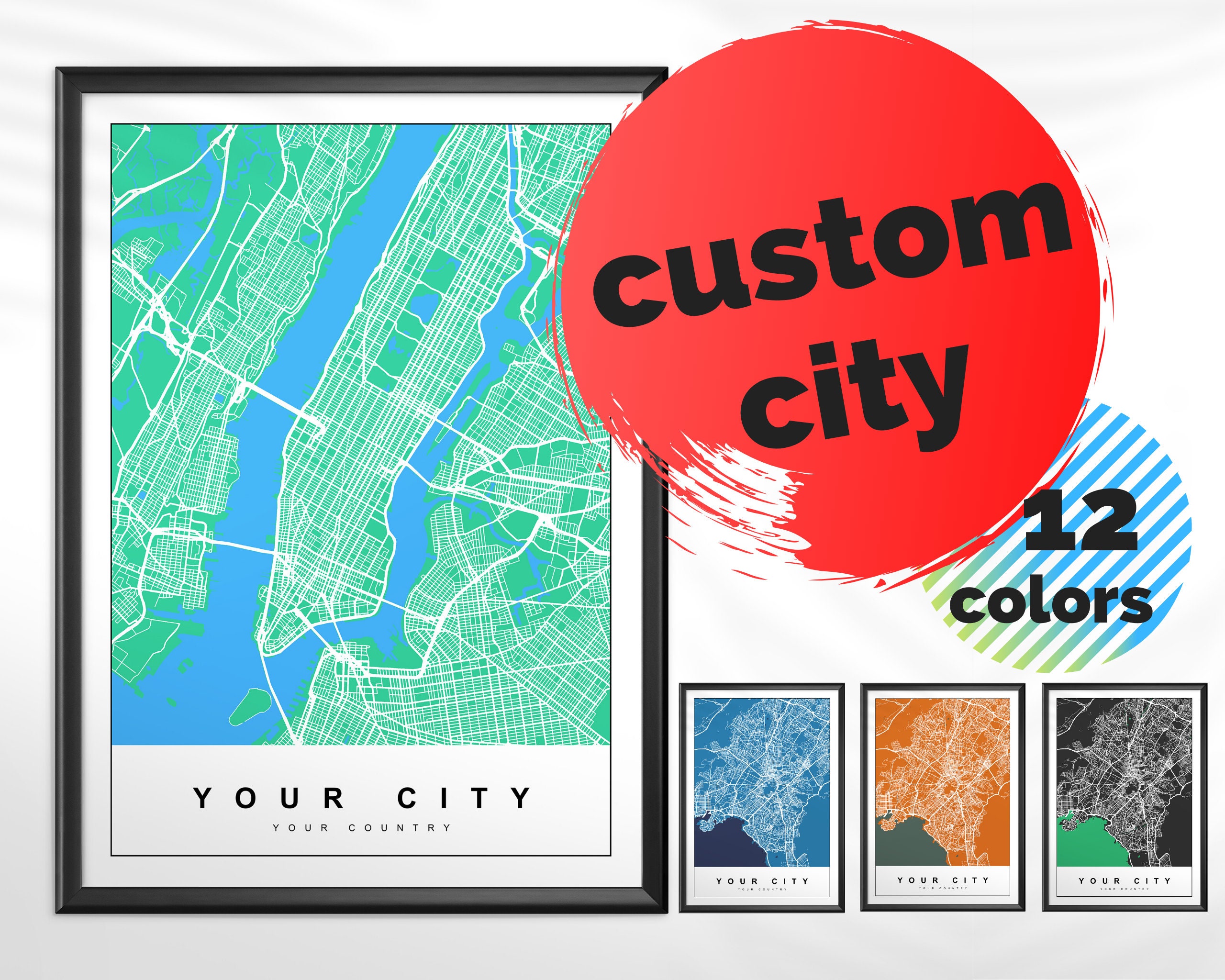 Custom City Map Art - Custom City Prints - Office Decor - Map Poster ...