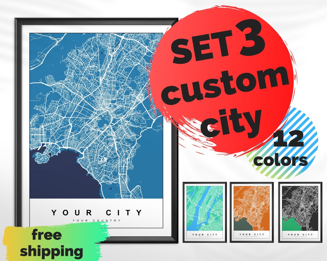 Custom City Map SET 03 Art Custom City Prints Office Decor - Etsy