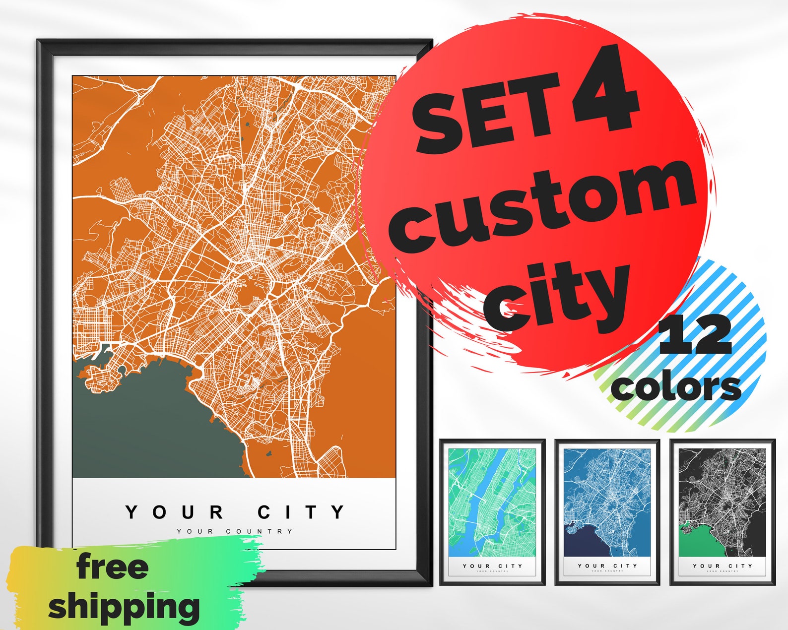 Custom City Maps SET 04 Art - Custom City Prints - Office Decor - Map ...