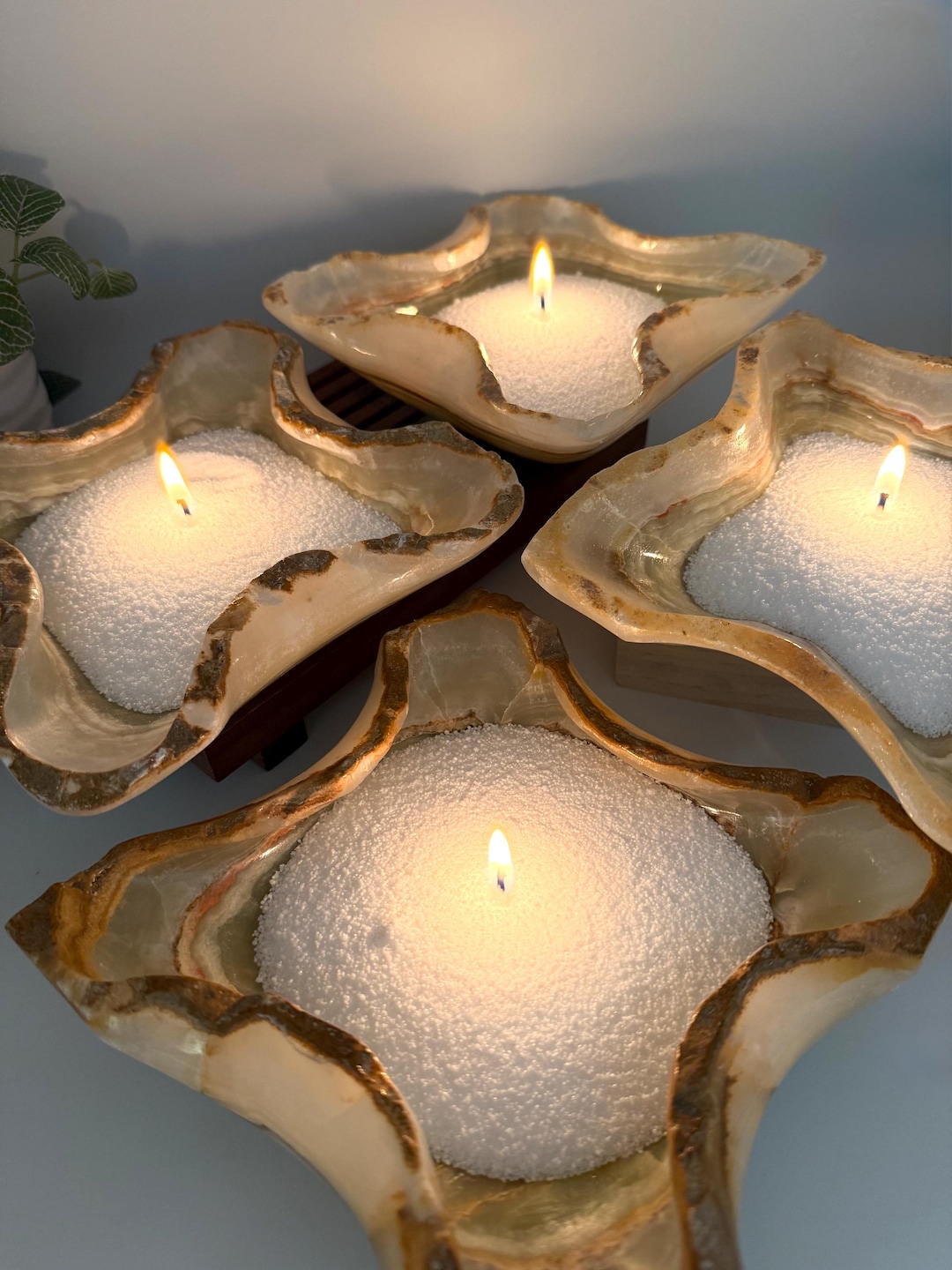 Refillable Stone Candle Bowl | Green Onyx Freeform Luxury Pearled Sand ...