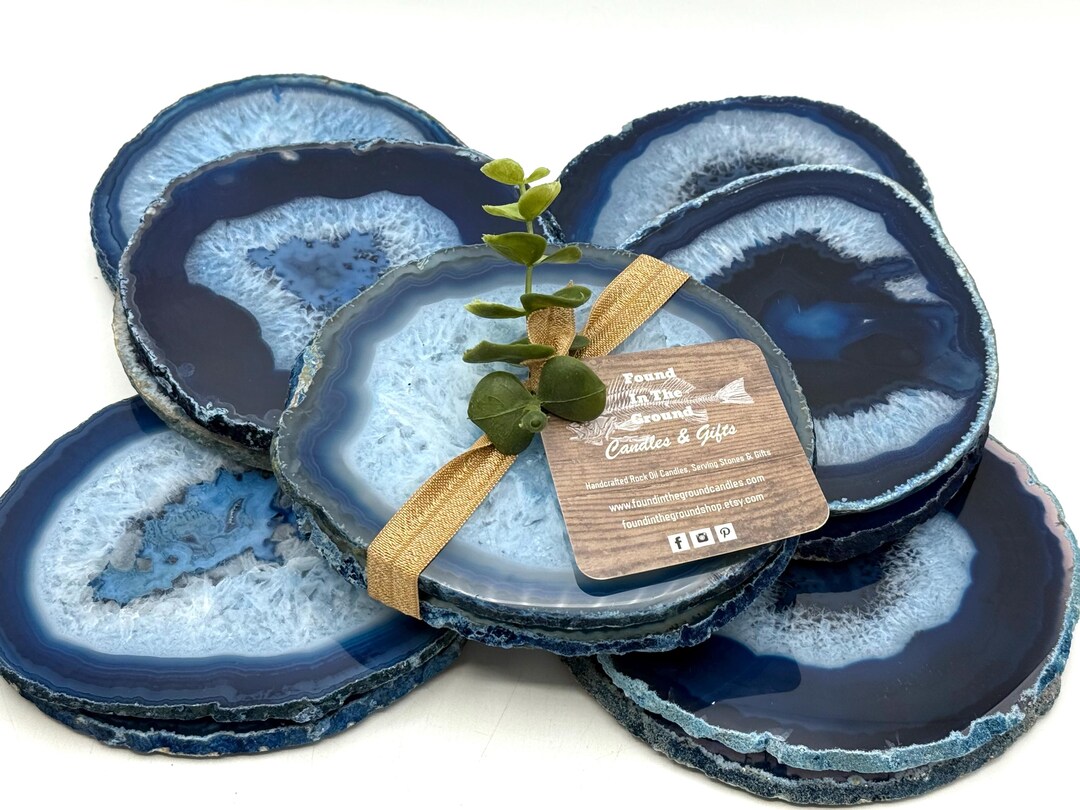 Gift-ready Blue Agate Coasters – Set of 2 | 5” Polished Stone With ...