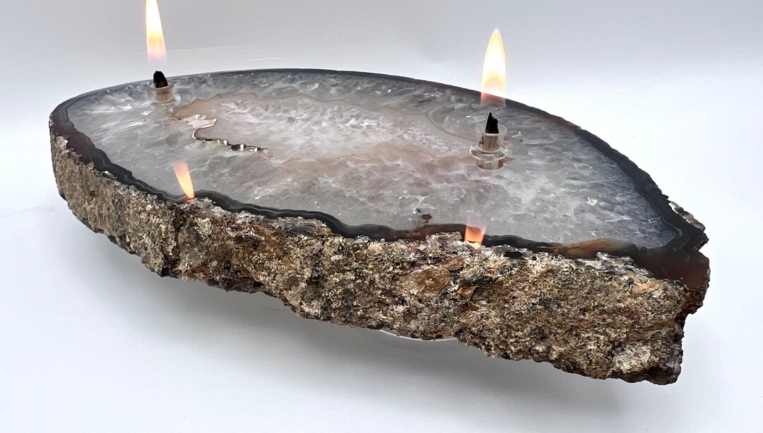 Thick Cut Crystal Agate 2 Wick Oil Lamp. Handmade Agate Rock - Etsy