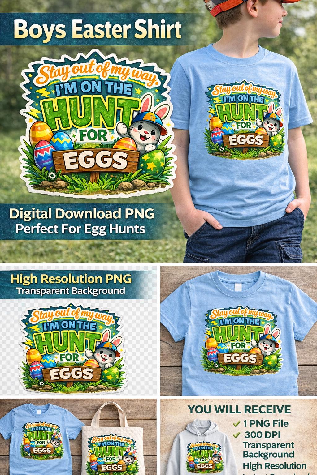 Boys Easter Egg Hunt PNG | Bunny & Eggs Sublimation Design (digital ...