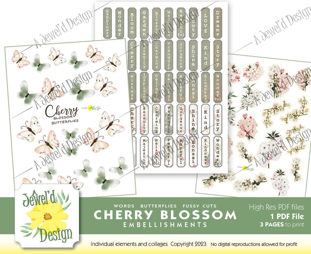 Cherry Blossom Embellishment Set: Butterflies, Vertical Word Labels and ...