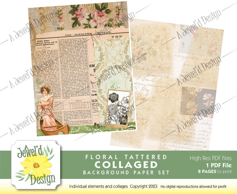 Floral Tattered Paper Digitally Collaged Paper Pack - Etsy
