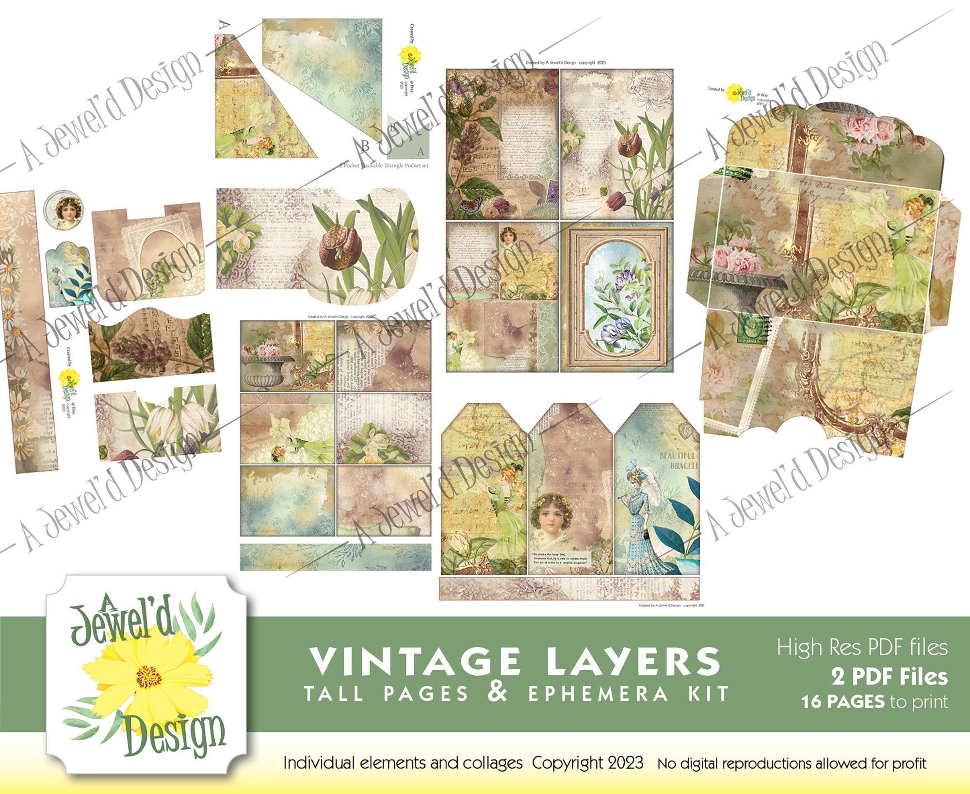 Vintage Layered Tall Journal Pages and Ephemera Digital Kit - Etsy