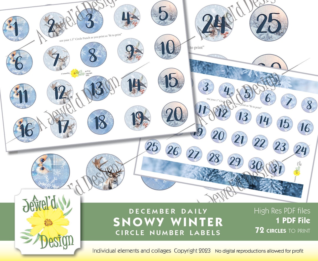 Snowy Winter Number Coin Labels for December Dailies, Advents and Blue ...