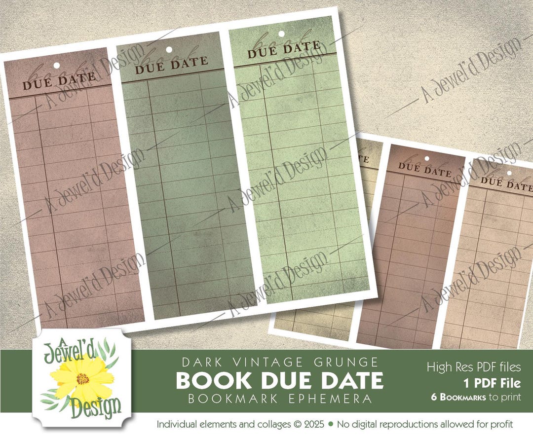 Dark Vintage Grunge Inspired "due Date Bookmark" Ephemera - Digital Kit ...
