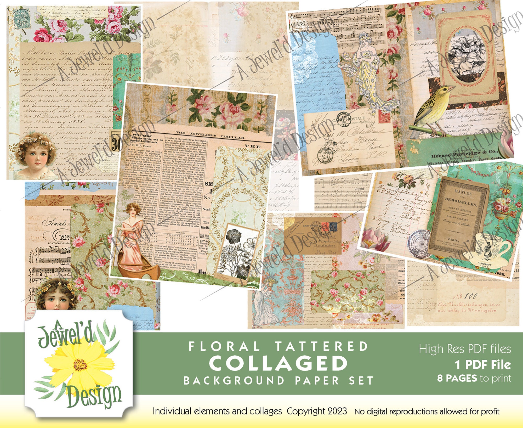 Floral Tattered Paper Digitally Collaged Paper Pack - Etsy