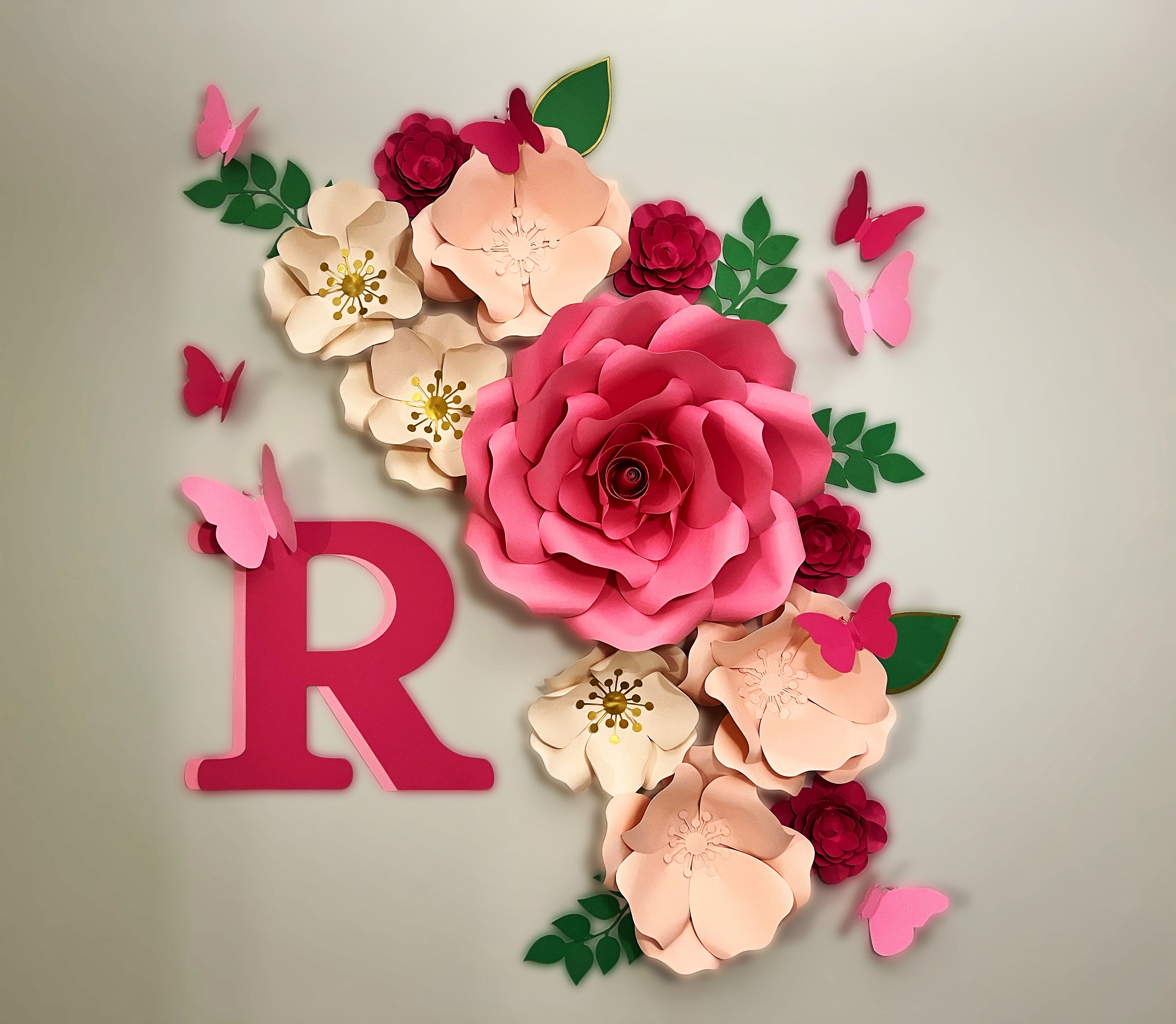 Pink Paper Flower Set, Nursery Paper Flower Wall Decor, Paper Flowers ...