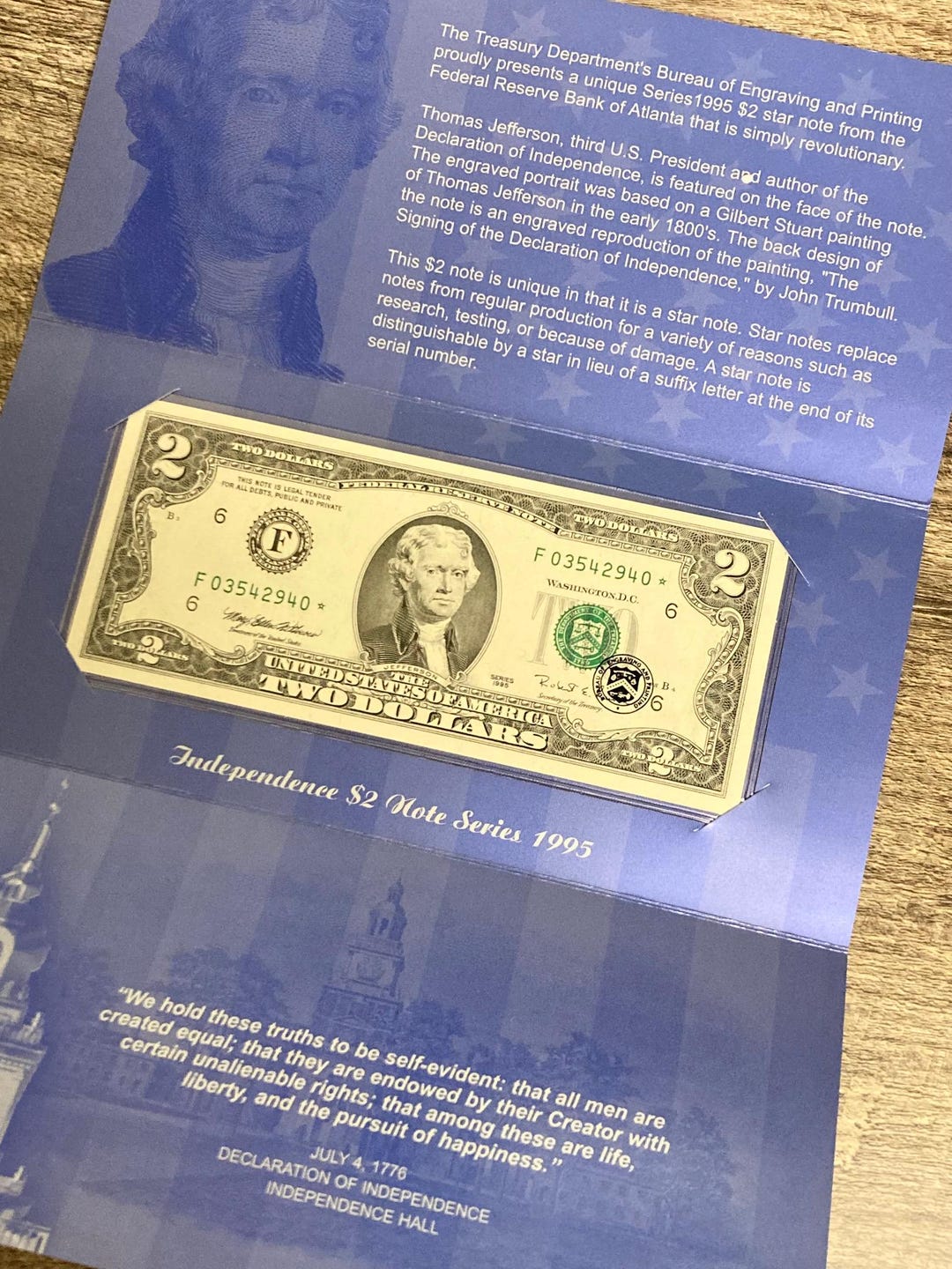 USA 2 Dollar Green Seal Star Note 1995 BEP Independence Note ...