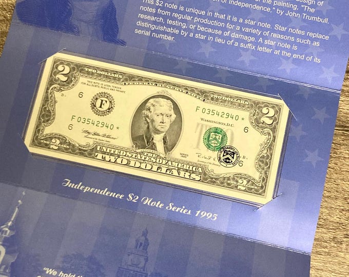 USA 2 Dollar Green Seal Star Note 1995 BEP Independence Note ...