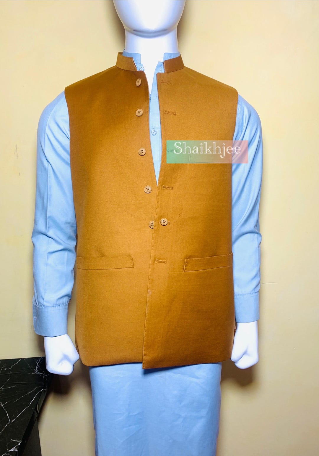 Nehru Cut Golden Handmade Pakistani Men’s Waistcoats-indian Nehru Cut ...