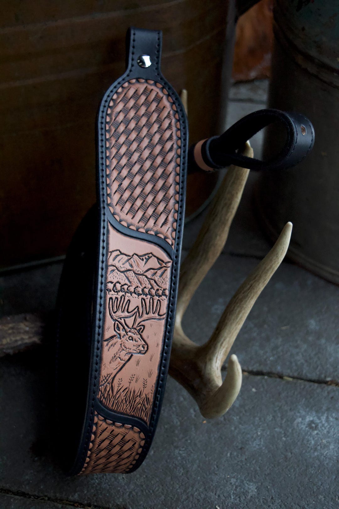 Leather Hunting Strap, Whitetail Deer W/ Basket Weave, Hand Tooled - Etsy