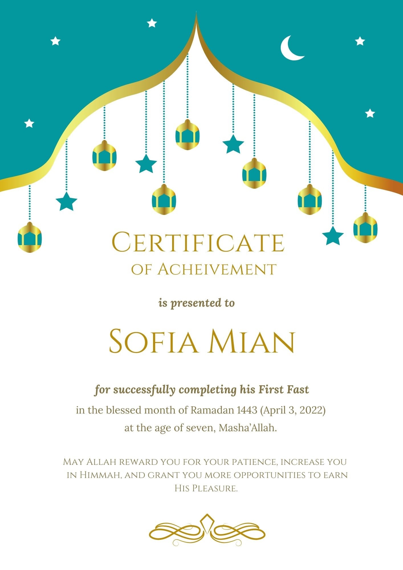 Ramadan First Fast Certificate - Digital Download File - Printable ...