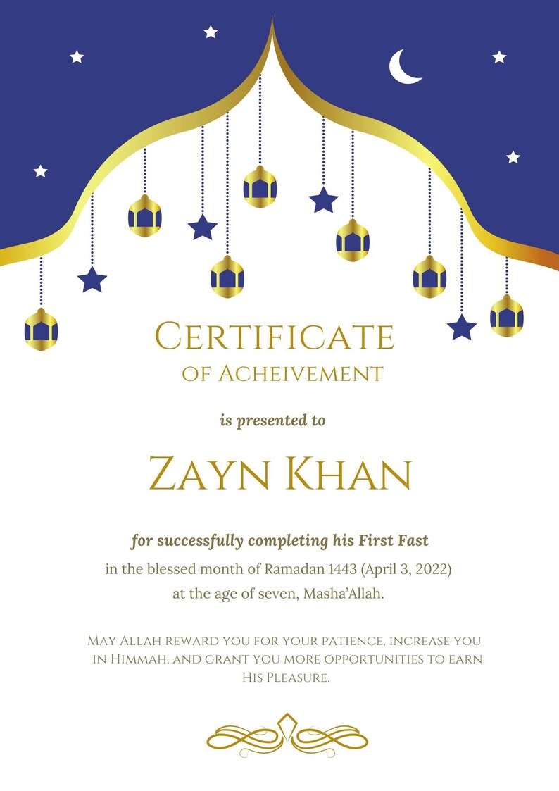 Ramadan First Fast Certificate - Digital Download File - Printable ...