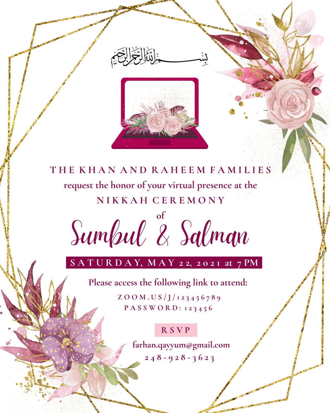 Virtual Zoom Wedding Invitation Card - Customizable - Personalized ...