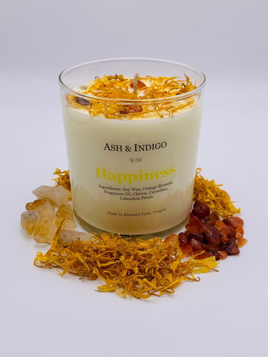 Happiness Crystal Candle, Soy Candle, Floral Candle, Manifestation ...