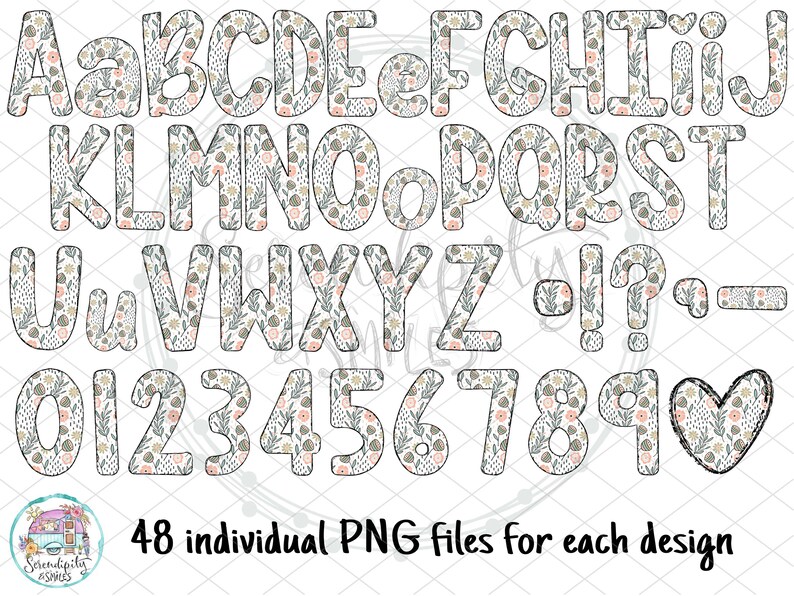 Boho Pastel Floral Doodle Alphabet Bundle - 5 Design Sets - PNG ...