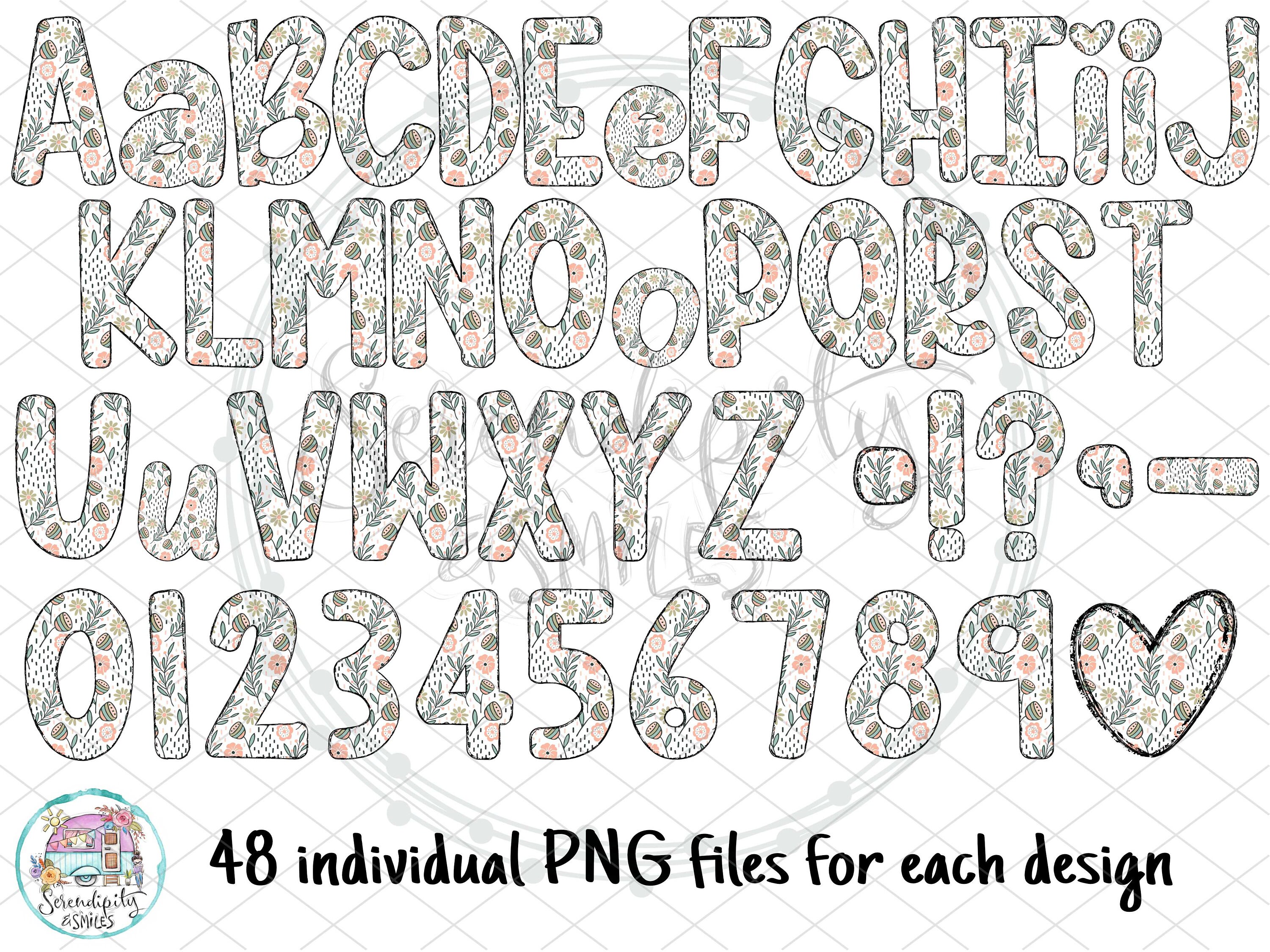 Boho Pastel Floral Doodle Alphabet Bundle - 5 Design Sets - PNG ...