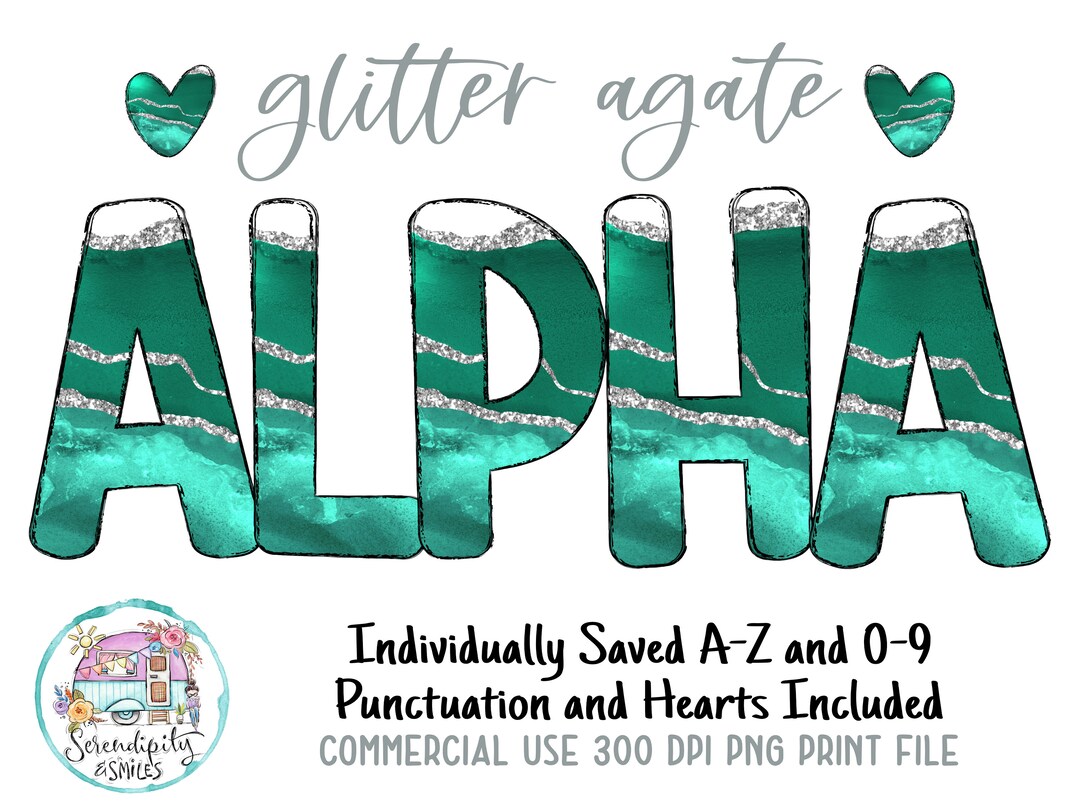 Seafoam Green Silver Glitter Agate Doodle Alphabet Set - PNG ...