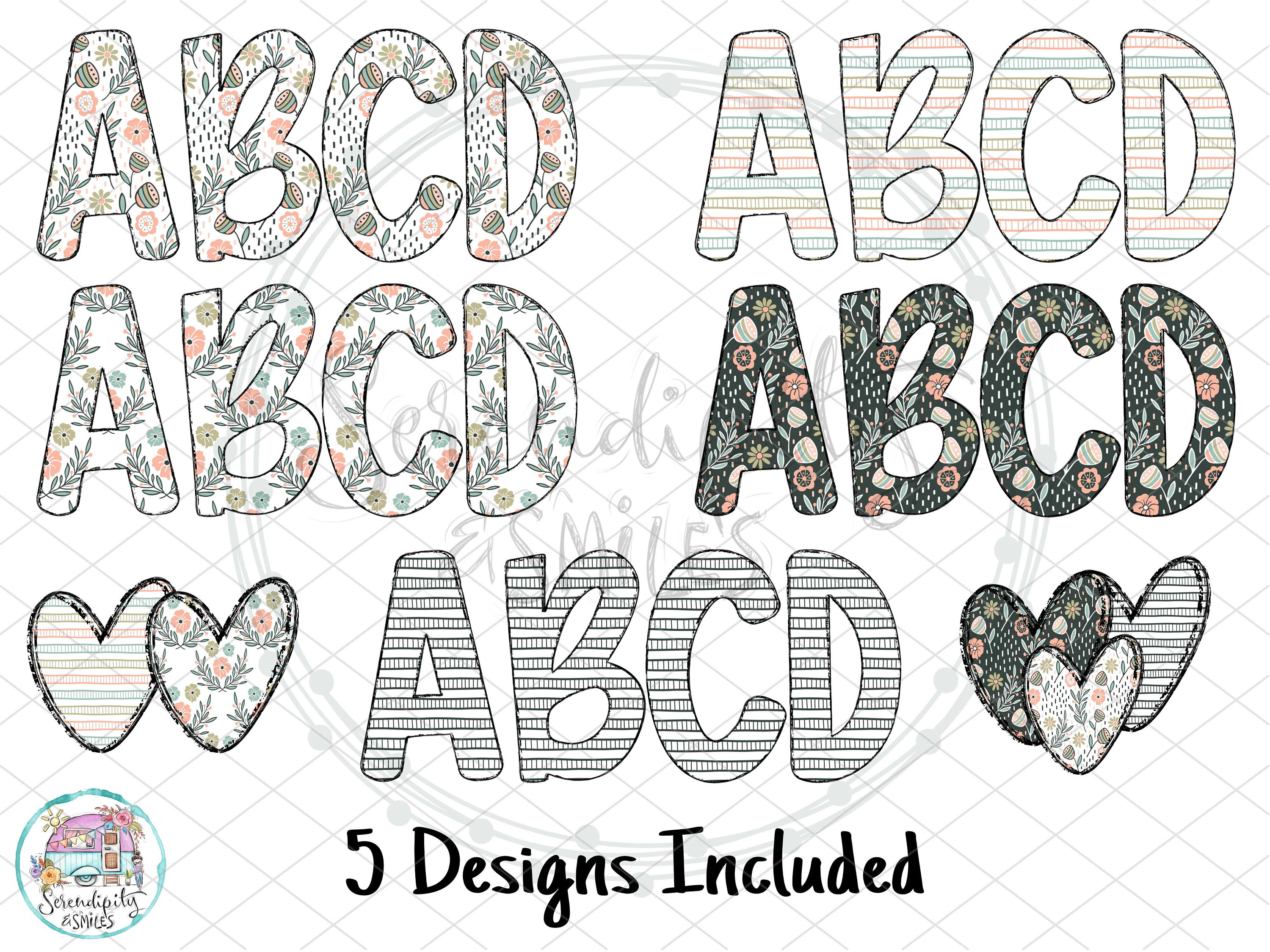 Boho Pastel Floral Doodle Alphabet Bundle - 5 Design Sets - PNG ...