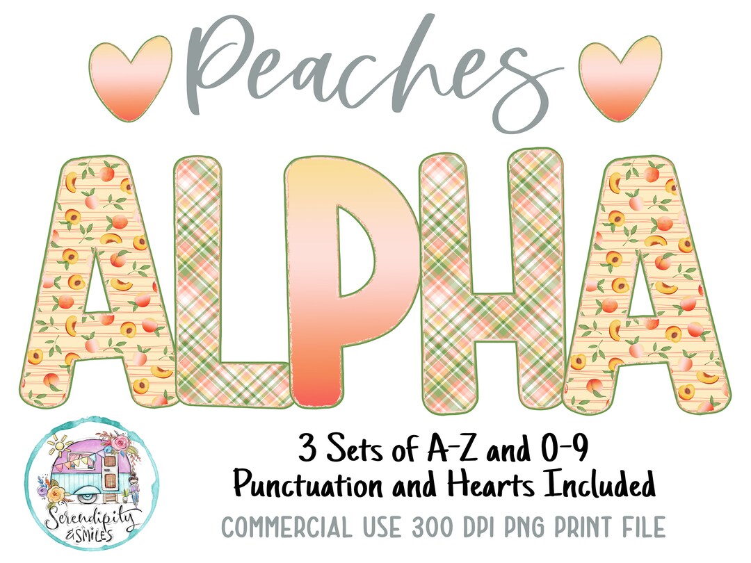 Peaches Doodle Alphabet Bundle 1 - 3 Design Sets - PNG - Sublimation or ...