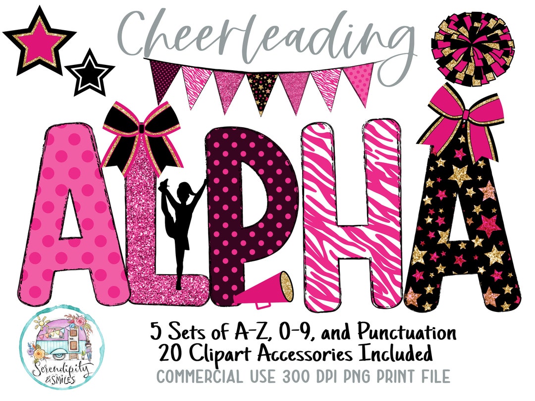 Cheerleading Doodle Alphabet Set - Hot Pink, Black, and Gold ...