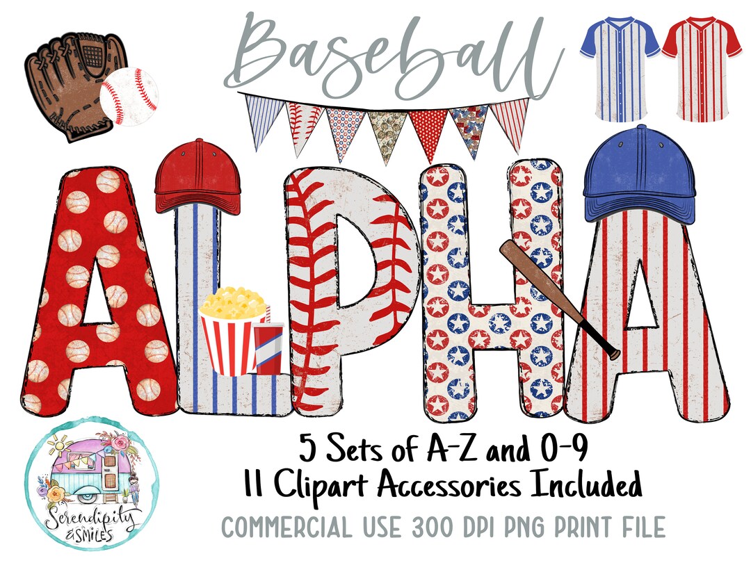Baseball Doodle Alphabet Set - Accessories Included - PNG - Sublimation ...