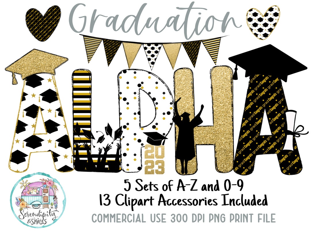Graduation Doodle Alphabet Set - Black and Gold - Accessories Included ...